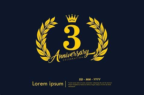 3주년 기념 엠블럼 노란색 기념일 로고는 어두운 배경에 월계관과 왕관으로 격리되어 있습니다 벡터 일러스트 레이션 템플릿 디자인 3에 대한 스톡 벡터 아트 및 기타 이미지