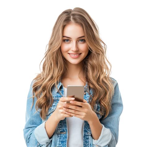 A Beautiful Girl Smiling While Using Her Smartphone Against A
