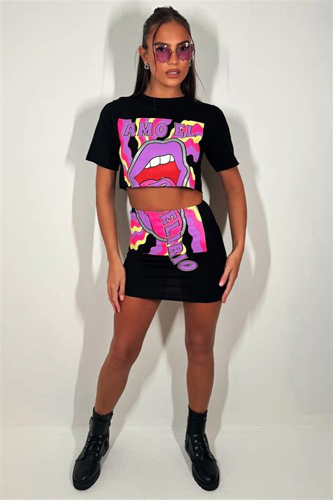 Crop Top And Skirt Co Ord With Neon Print Summer Rave Festival Outfit