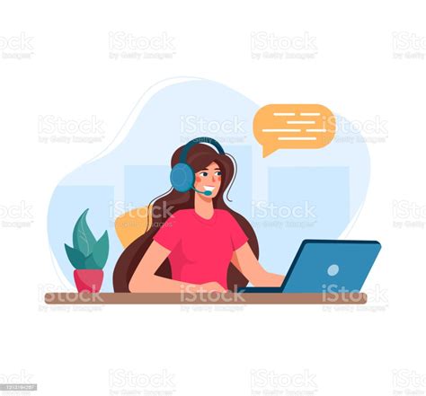 벡터 일러스트 콜 센터 전문가 노트북헤드폰과 마이크를 장착한 여성 지원 지원을 위한 개념 배경에는 추상적인 도시입니다 흰색