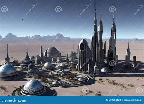 A Futuristic Cityscape On An Alien Planet In A Hazy Daytime Stock