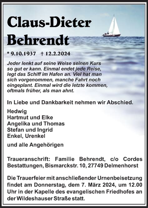 Traueranzeigen Von Claus Dieter Behrendt Noz Trauerportal