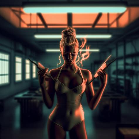 Premium Ai Image A Woman Holding A Knife In Front Of A Sign That Says