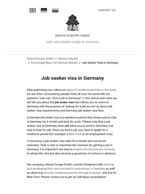 Job Seeker Visa In Germany Nexus Europe Gmbh Pdf