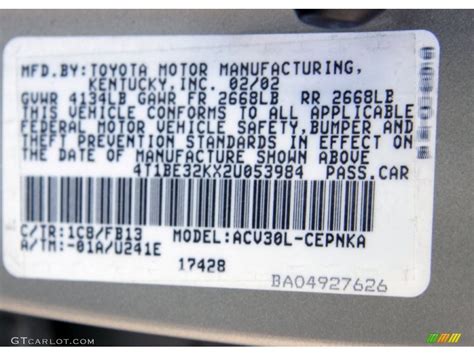 2002 Camry Color Code 1c8 For Lunar Mist Metallic Photo 57261320