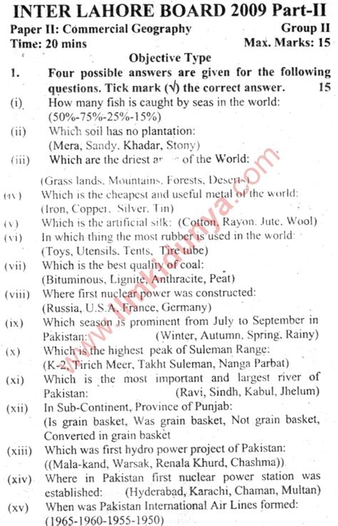 Past Papers 2009 Lahore Board Icom Part 2 Commercial Geography