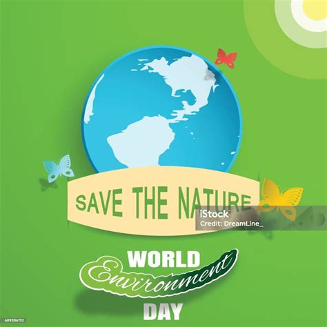세계 환경의 날 벡터 인사말 종이 공예 블루 글로브와 그라데이션 녹색 배경에 주머니 태양 구름 그림자 나비 및 텍스트에 삽입합니다 0명에 대한 스톡 벡터 아트 및 기타