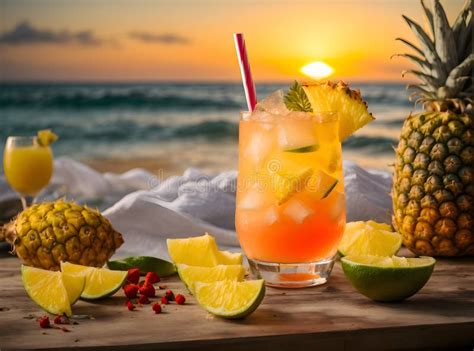 Tropical Mocktail Cocktail At Sunset On The Beach Stock Illustration