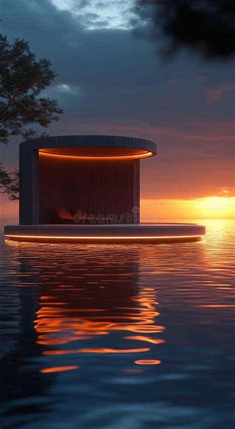 Futuristic Floating Architecture With Illuminated Elements Over Water Stock Illustration