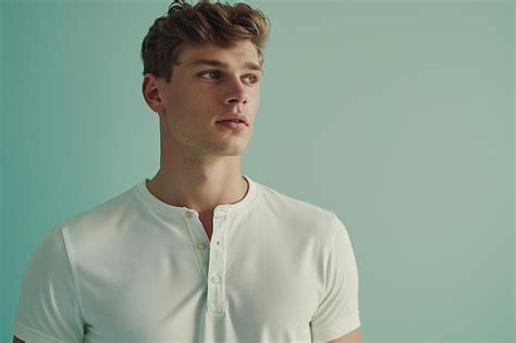 Handsome Fashion Model In Timeless Henley Shirt With A Light Mint Lifestyle Mens Portrait