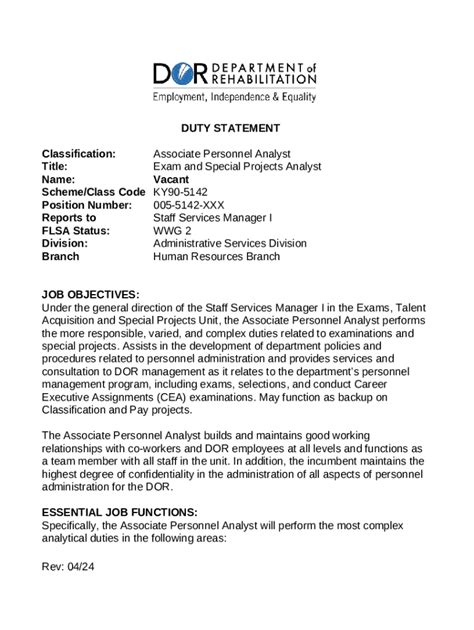 Duty Statement Doc Template Pdffiller