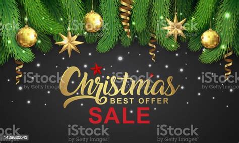 크리스마스 판매 배너 템플릿 타이포그래피 크리스마스 트리 황금 반짝이 공 매달린 별 전단지 포스터 웹 배너 및 카드 벡터