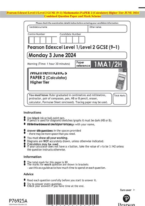 Pearson Edexcel Level 1 Level 2 Gcse 9 1 Mathematics Paper 2 Calculator Higher Tier June
