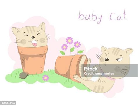 귀여운 두 작은 고양이 만화 꽃 냄비와 그들을 손으로 그린 스타일 0명에 대한 스톡 벡터 아트 및 기타 이미지 0명 귀여운