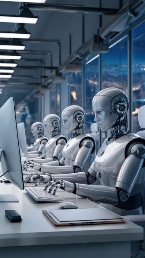 Futuristic Office With Robots Working On Computers In High Tech Workspace Stock Image Image Of