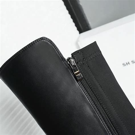 Модные сапоги до колена женские кожаные сапоги на низком квадратном каблуке на молнии удобные