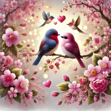 Love Birds Surrounded By Pink Flowers And Floating Hearts In A Serene
