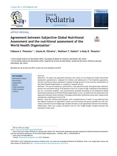Pdf Agreement Between Subjective Global Nutritional Assessment And