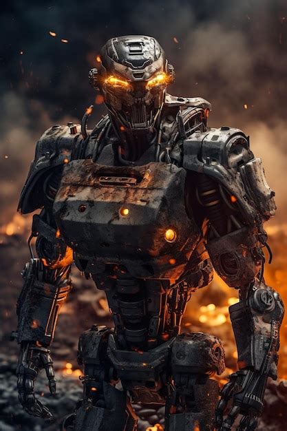 Premium Ai Image Muscular Army Robot With Burning Eyes Full Body