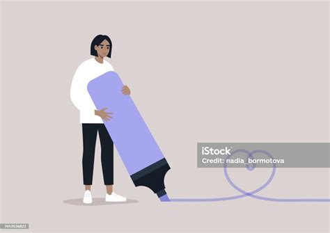 젊은 여성 백인 캐릭터는 형광펜 발렌타인 데이 기프트 카드로 하트 모양을 그립니다 거리표식에 대한 스톡 벡터 아트 및 기타