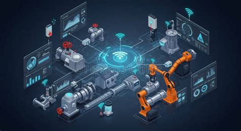 Isometric Illustration Of Industrial Automation With Robotic Arms And