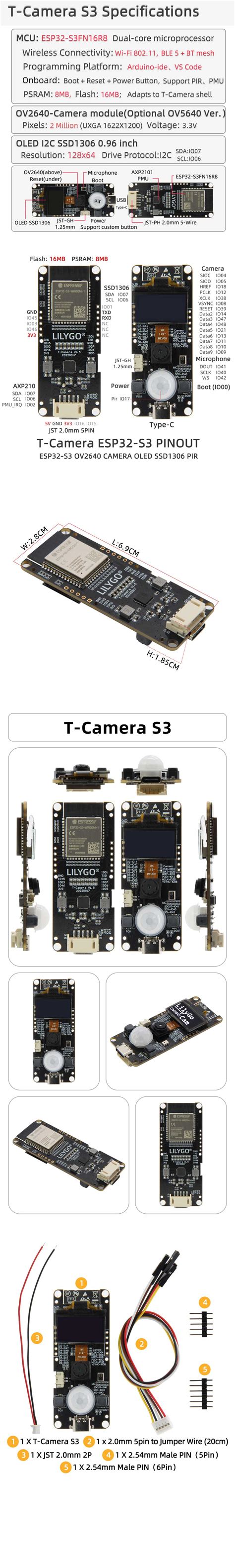 LILYGO T Camera S3 ESP32 S3 Development Board 2MP HD Camera 0 96 Inch OLED 16MB Flash WiFi