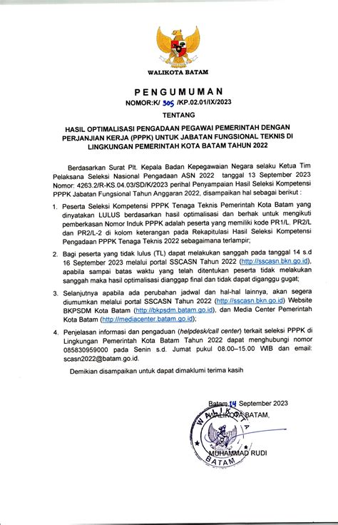 PENGUMUMAN HASIL OPTIMALISASI PENGADAAN PEGAWAI PEMERINTAH DENGAN PERJANJIAN KERJA PPPK UNTUK