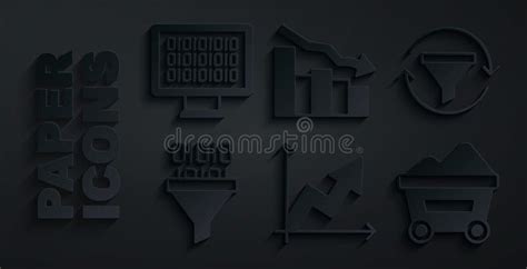 Set Financial Growth Sales Funnel With Chart Binary Code Coal Mine Trolley Decrease And Icon