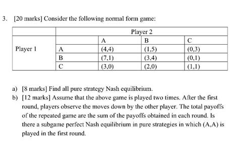 Solved 20 Marks Consider The Following Normal Form Game