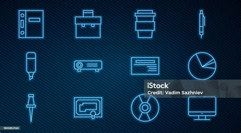 라인 컴퓨터 모니터 화면 파이 차트 인포 그래픽 커피 컵 이동 영화 영화 미디어 프로젝터 마커 펜 사무실 폴더 명함 및 서류 가방 아이콘을 설정합니다 벡터 가방에 대한 스톡