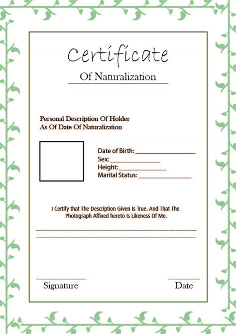 Certificate Of Naturalization Template Printable Pdf Word