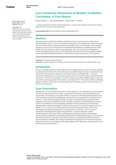 Pdf Late Cutaneous Metastases Of Bladder Urothelial Carcinoma A Case