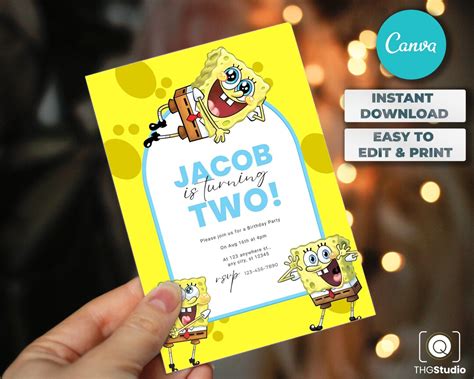 Editable Spongebob Invitation Digital Printable Birthday Party