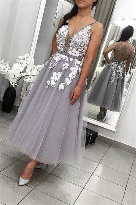 Gray V Neck Lace Tulle Prom Dress Gray Tulle Evening Dress Dresstby