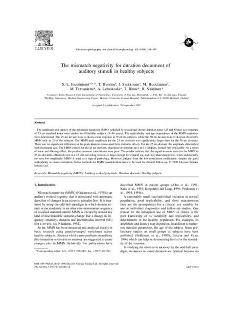 Pdf The Mismatch Negativity For Duration Decrement Of Auditory Stimuli In Healthy Subjects