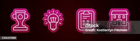 세트 라인 수상 컵 전구 체크 표시가 있는 시험표 및 학교 건물 빛나는 네온 아이콘입니다 벡터 개념에 대한 스톡 벡터 아트 및 기타 이미지 Istock