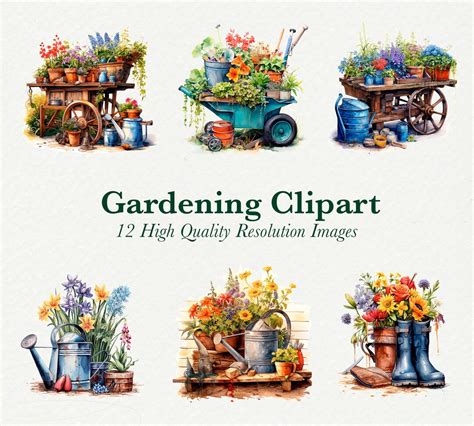 Gardening Clipart Bundle Watercolor Flowers Clipart Garden Tools