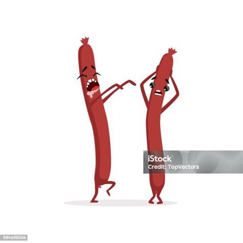 소 름 얇은 소시지 걷는 좀비 처럼 공포에 그의 머리를 잡고 다른 프랑크푸르트입니다 평면 스타일에 고기 문자 만화 스티커 카드 또는 포스터에 대 한 벡터 디자인 고기에 대한