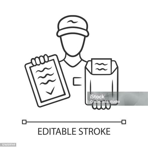 문서 배달 선형 아이콘입니다 익스프레스 택배 우편 배달원 송장이 있는 클립보드를 들고 있는 배달원 소포 소형 포장물 배달 등고선 기호입니다 벡터 절연 도면 편집 가능한