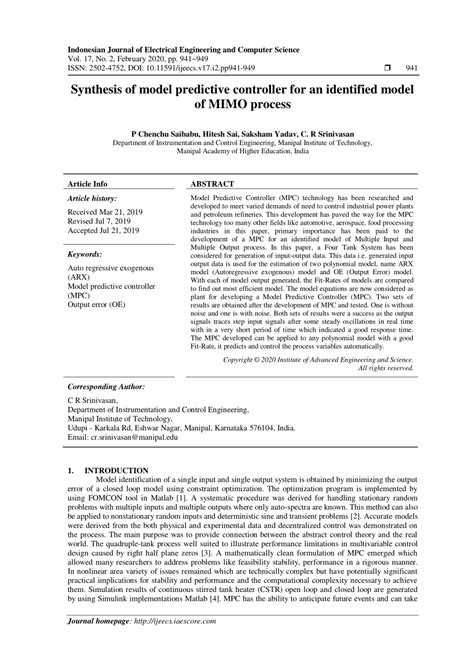 Pdf Synthesis Of Model Predictive Controller For An Identified Model Of Mimo Process
