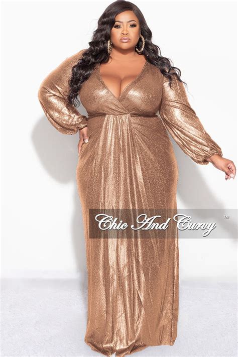Final Sale Plus Size Faux Wrap Gown With Pleated Waist And Balloon Sleev