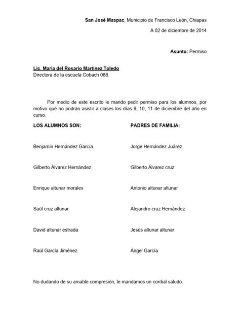 Solicitud De Permiso Para Los Alumnos Pdf
