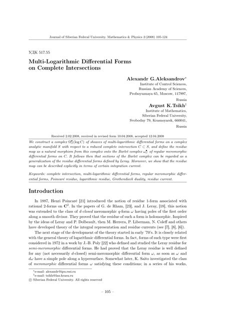 pdf multi logarithmic differential forms on complete intersections