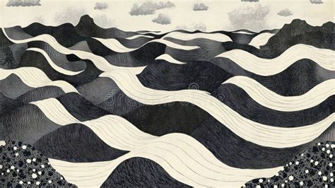 Abstract Landscape With Wavy Patterns And Monochrome Tones Evoking Movement And Depth Stock
