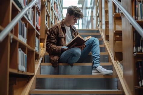 Premium Photo Young Man Reading Book While Sitting On Stairs In
