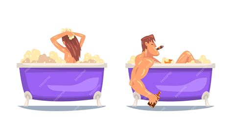 Premium Vector Young Male And Female Bathing In The Bathtub Washing