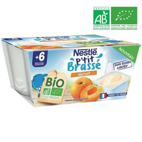 NESTLE P tit Brassé Dessert bébé BIO dès 6 mois saveur abricot 4 pots
