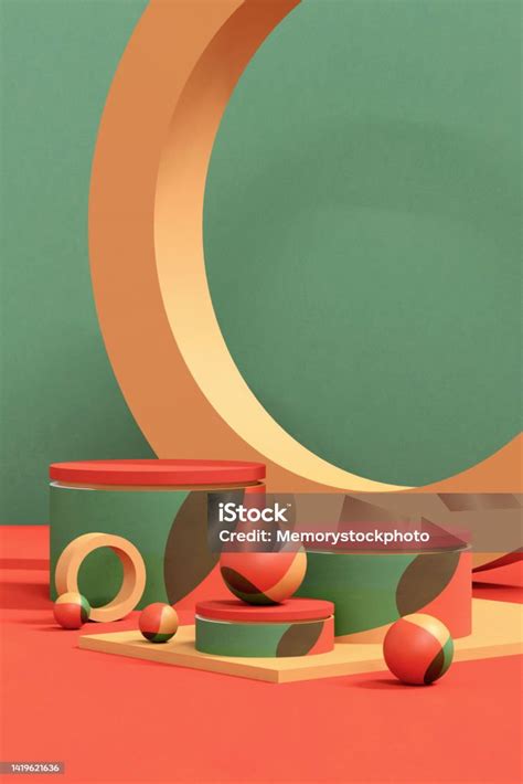 화장품 프리젠 테이션을위한 다채로운 원형 무대 연단파스텔 색상 배경의 제품에 대한 모형 인사말 카드 포스터 및 배너 모형 템플릿 3d 일러스트 레이 션 개념에 대한 스톡