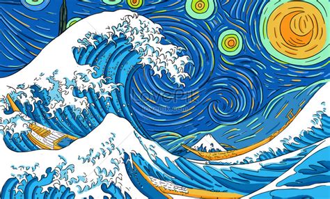 神奈川衝浪裡和星空創意插畫背景圖案素材，桌布圖片免費下載