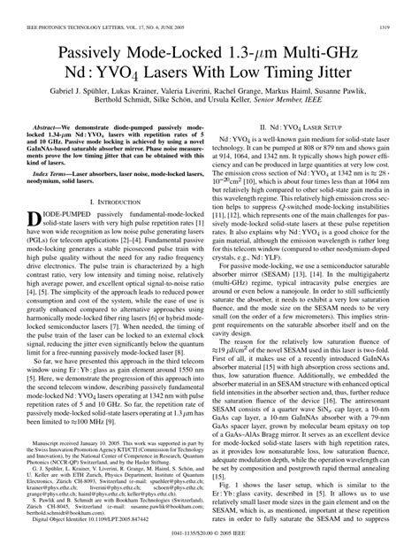Pdf Passively Mode Locked 1 3 μm Multi Ghz Nd Yvo4 Lasers With Low Timing Jitter